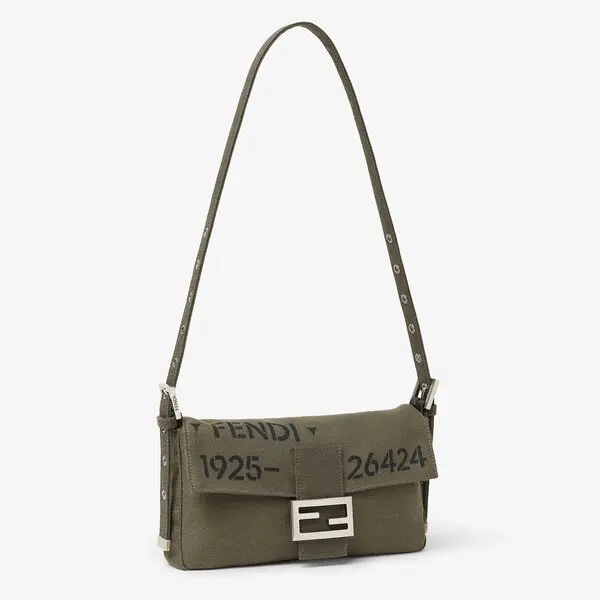 Fendi Baguette® 26424 Khaki Green Canvas Bag With Stencil Print